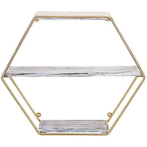 MyGift 3-Tier Wall Mounted Shelf with Hexagon Gold Metal Frame & Whitewashed Wood Shelves