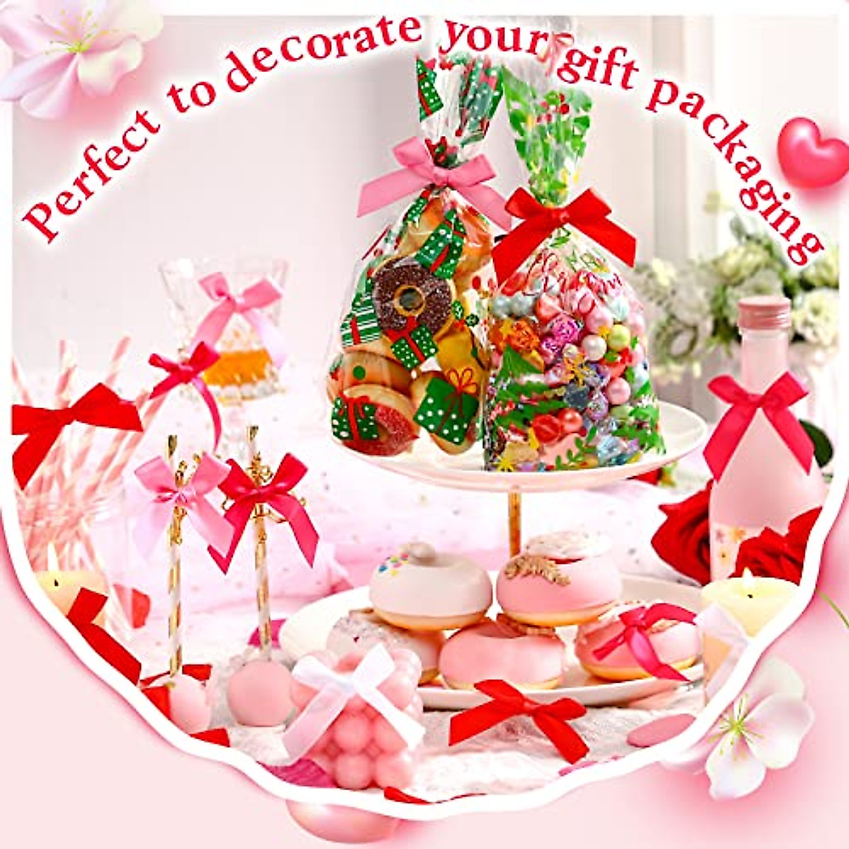 120 Pcs Easter Twist Bow Satin Twist Tie Bows Fabric Bows for Crafts Polyester Craft Bows Decorating Ribbon Bows Gift Wrap Bows for Candy Bags Decoration (Rose Red, Pink, Red, White)