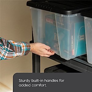 IRIS USA 6 Qt Stackable Plastic Storage Bins with Lids, 8 Pack - BPA-Free, Made in USA - See-Through Organizing Solution, Latches, Durable Nestable Containers, Secure Pull Handle - Clear/Black