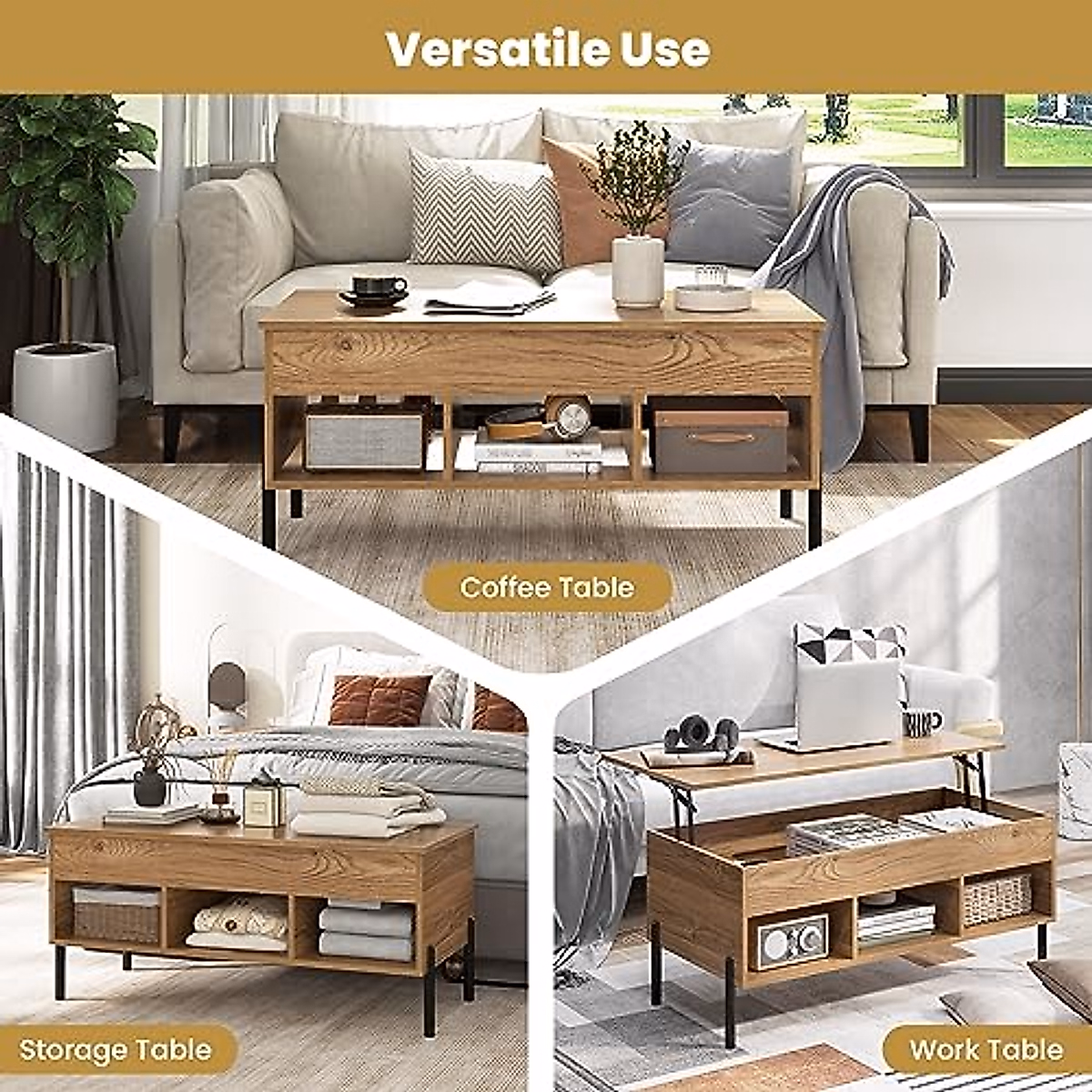 Tangkula Lift Top Coffee Table with Metal Legs, Rising Center Table w/Hidden Compartment & 3 Open Cubbies, Multifunctional Wood Dining Working Table for Living Room Reception Room (Natural)