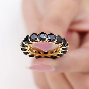 Black Spinel Ring for Women in Gold, Hexagon Cut Black Spinel Eternity Ring in Shared Prong Setting, Black Spinel Gold Ring (AAA Quality), 14K Yellow Gold, Size:US 7.00