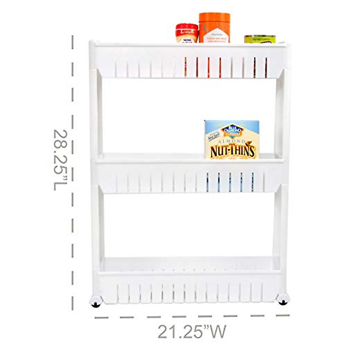 Home-X Slim 3-Tier Rolling Cart for Laundry Room and Bathroom Organization, Space-Saving Storage with Shelves and Wheels, Small Pantry Shelf, Narrow Organizer, White Shelving Unit