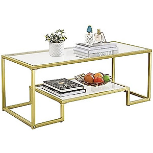 Alohappy Glass Coffee Table Modern Rectangular Coffee Table with 2-Tier Storage Shelf and Sturdy Metal Frame Center Table Easy Assembly for Living Room