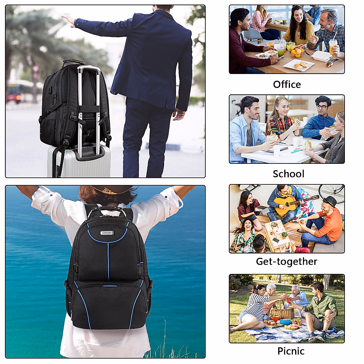 VECKUSON Lunch Bag Backpack, Insulated Cooler Lunch Box Backpack, Extra Large Travel Laptop Backpack TSA Friendly RFID Computer College bag with USB Port for Women Men,Blue