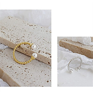 N+A Dainty Shell Pearl Sterling Silver Ring for Women Girls Statement Expandable Open Rings Minimalist Imitation Pearls Twisted Finger Fashion Cute Jewelry for Girlfriend (Gold)