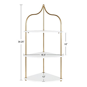 Kate and Laurel Walters Glam Wall Mounted Corner Shelf, 17 x 12 x 35, White and Gold, Decorative Three Tier Corner Wall Shelf for Storage and Display