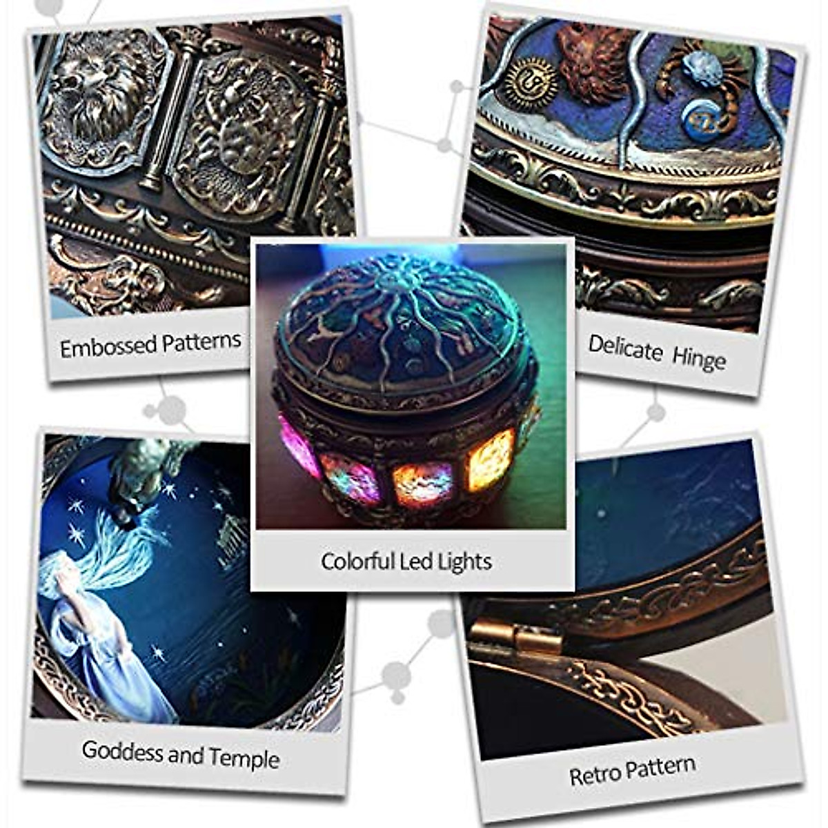 Briskfeel Vintage Music Box with Constellations Rotating Goddess LED Lights Twinkling Resin Carved Mechanism Musical Box with Sankyo 18-Note Wind Up Signs of The Zodiac Gift for Birthday (Upgraded)