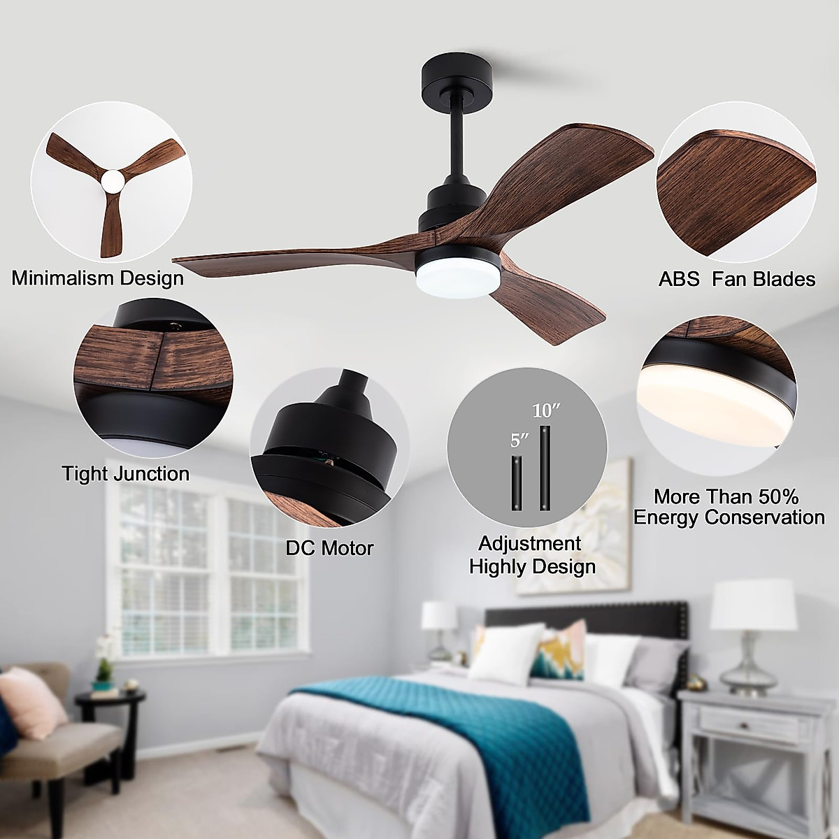 OMYU 42 Inch Ceiling Fan with Lights, ABS Blades 3 Color Temperatures and Quiet Reversible DC Motor, Modern Brown 42 Inch Ceiling Fans for Bedroom Living Room Study Office