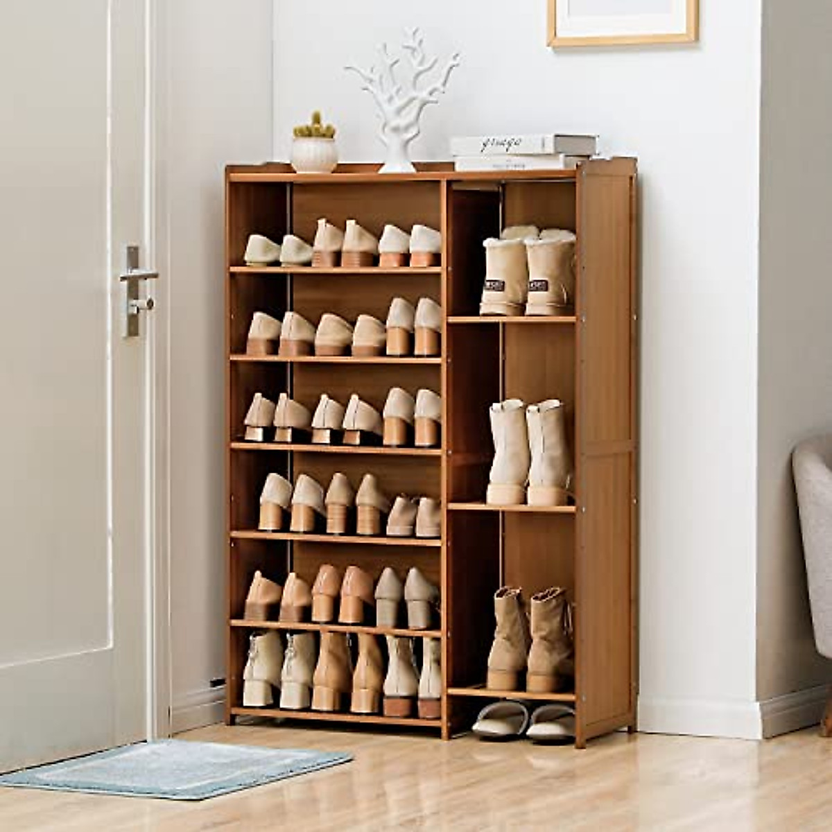 MoNiBloom Shoe Storage Cabinet with Boots Compartment, Bamboo Free Standing 7 Tier Shoe Rack for 21-25 Pairs Bedroom Entryway Hallway Living Room, Brown