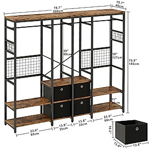 IRONCK Garment Racks with Shelves 4 Drawers and 8 Hooks Heavy Duty Closet Organizer for Hanging Clothes, Freestanding Closet Wardrobe Rack, Vintage Brown