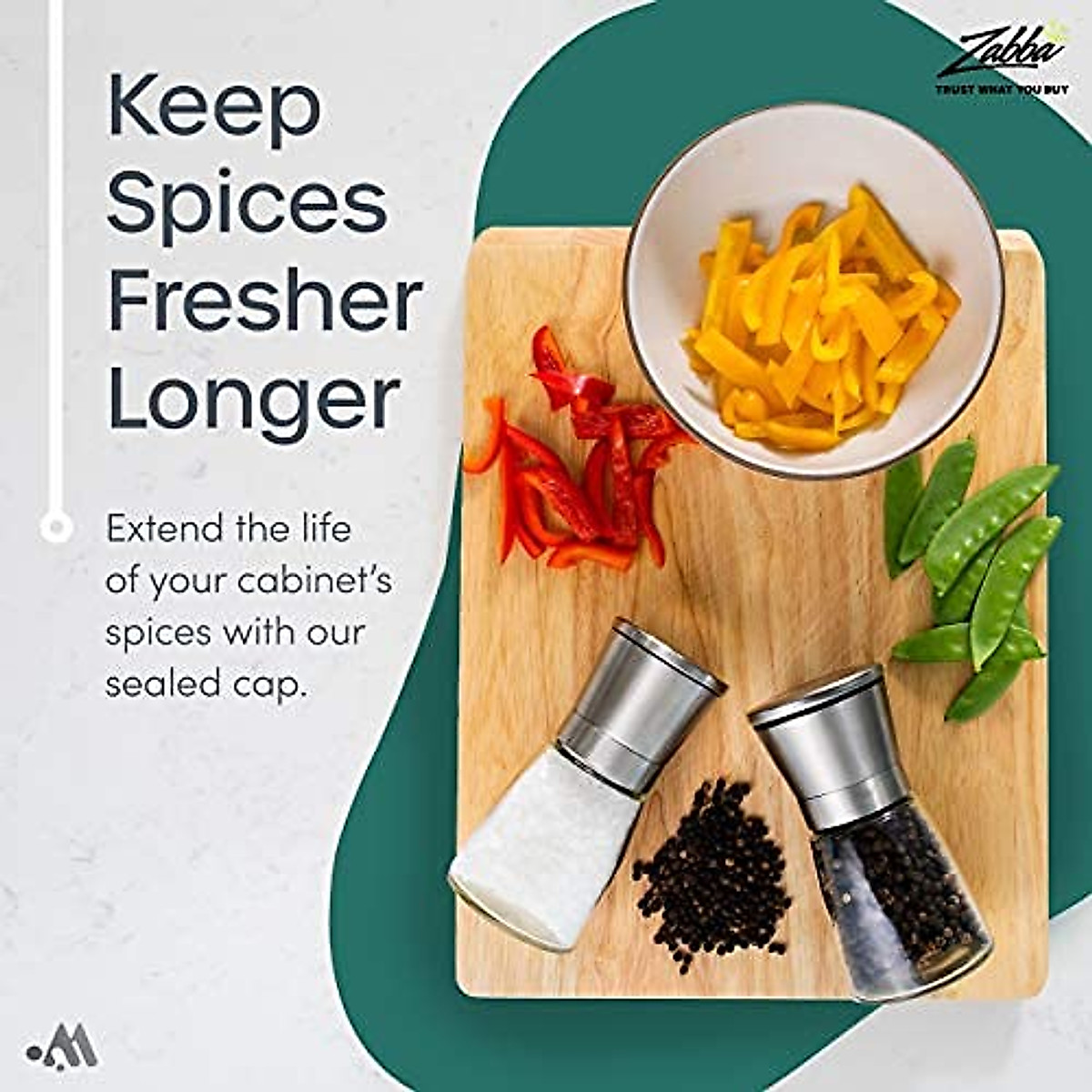 Modetro Salt and Pepper Shakers Set 6 oz Each Adjustable Coarseness Pepper Grinder Mill for Sea Salt Spice Stainless Steel Glass 2 Pack