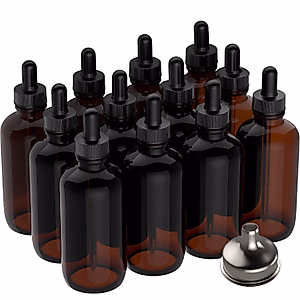 Nylea 12 Pack Essential Oil Dropper Bottles (4 oz) 120ml Round Boston Empty Refillable Amber Bottle with Glass Dropper [ Free Stainless Steel Funnel ] for Liquid Aromatherapy Fragrance Lot