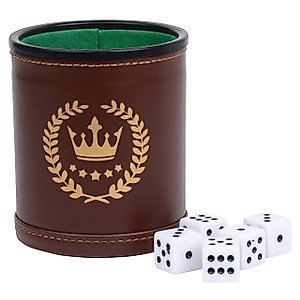 Park City Games Professional Casino 5 pc Dice Cup Set PU Brown Leather Green Velvet Lined Includes 5 White Six-Sided Dice