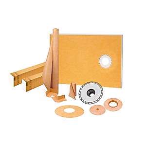 Schluter Kerdi Shower Kit with Shower Tray, Curb, Waterproofing Membrane, Strips & Seals - PVC Plastic, 38" x 60" Tray Size, Off-Center Outlet Position - KSK9651525SPVC