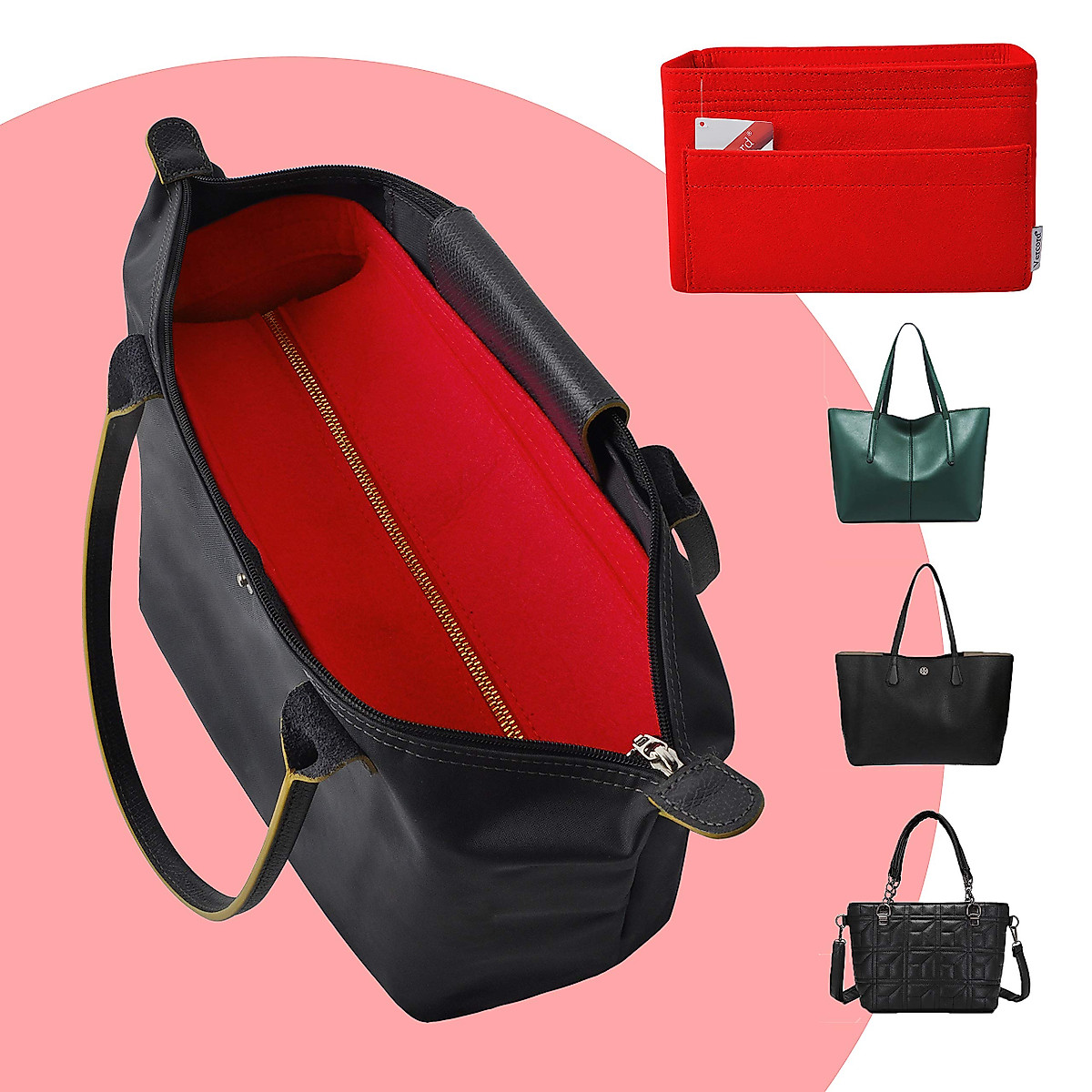 Vercord Felt Zipper Handbag Tote Purse Duffel Backpack Organizer Insert Red Medium