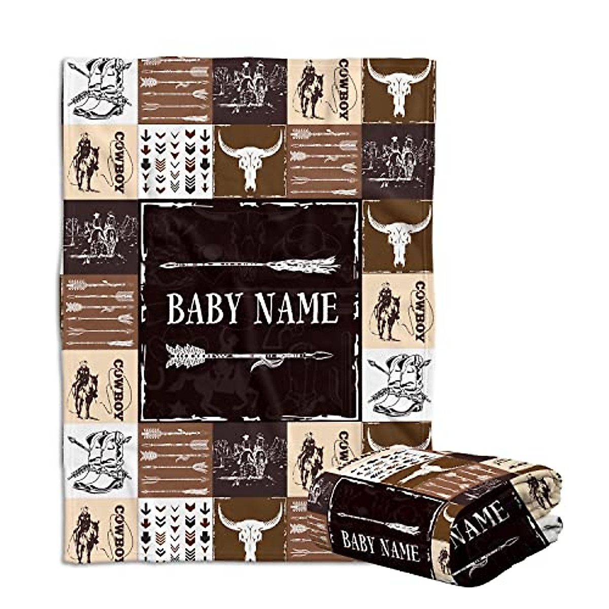 locobird Baby Cowboy Blankets, Personalized Baby Blankets for Boys, Baby Western Blankets for Girls, Custom Baby Blanket Name, 3 Sizes Fleece Blankets for Infant Newborn Son Daughter