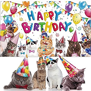 Dog Cat Happy Birthday Backdrop Banner Puppy Photography Background Banner Cartoon Cat Photo Backdrop Birthday Party Decorations for Dog Cat Owner Birthday Party Pet Party Supplies (Cat)