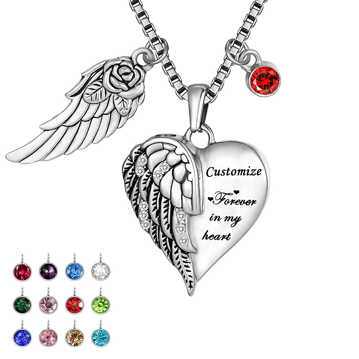 Forever in my heart with 12 Birthstones Cremation Jewelry Keepsake Memorial Urn Necklace (Customized Name)