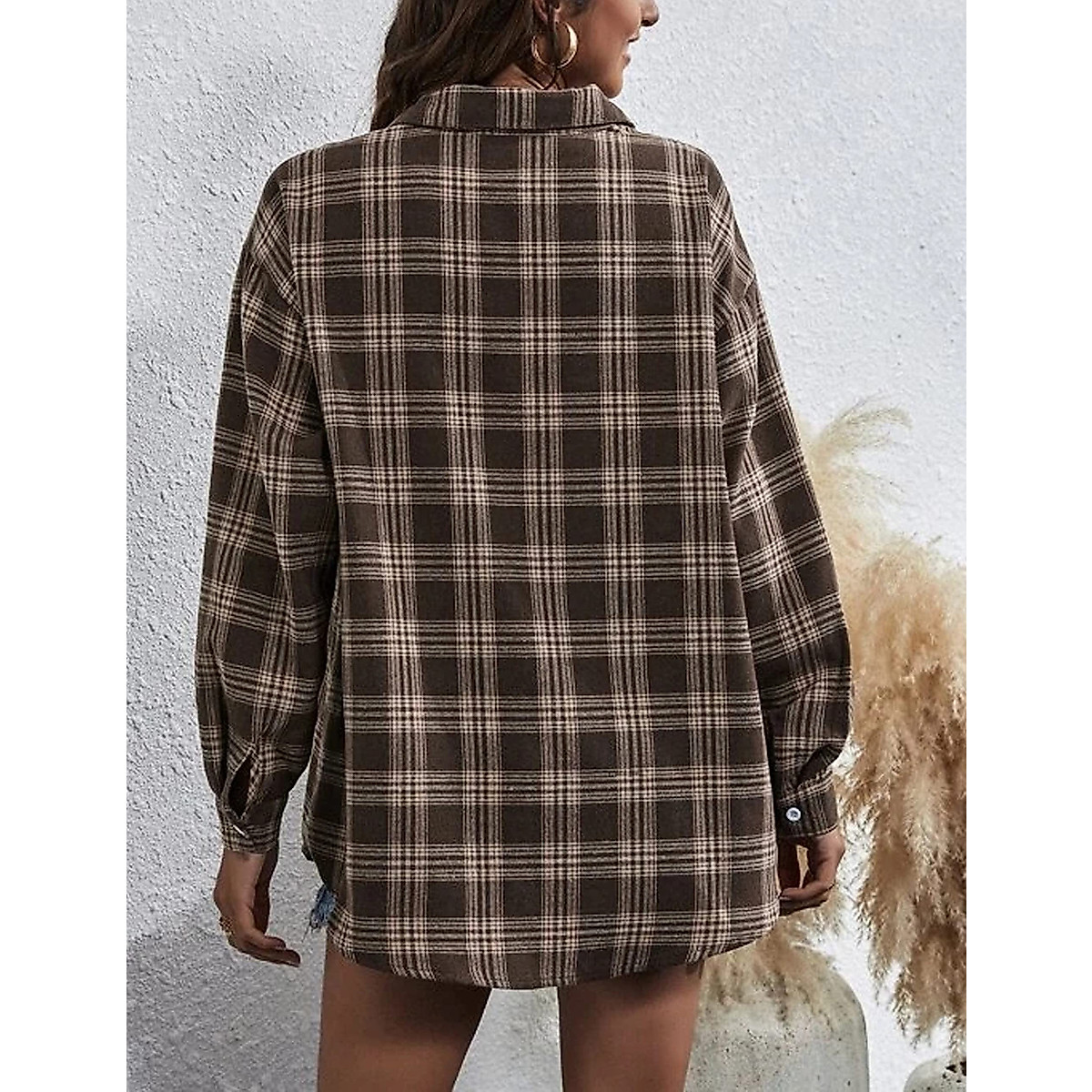 Oulivey Plaid Flannel Shirts for Women Oversized Button Down Long Sleeve Buffalo Shirts Blouse Tops(0003-Coffee-S)