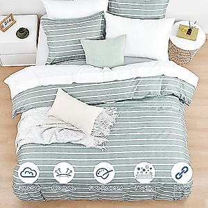 PHF Striped Duvet Cover Queen Size, Green Pre-Washed Soft Bedding Set for All Season, 1 Elegant Classic Striped Pattern Comforter Cover with 2 Pillowcases, 3PCS, 90" x 90"