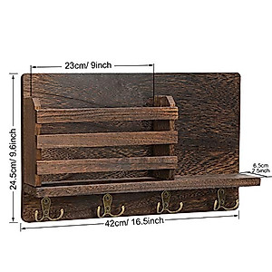 Wooden Wall Mounted Mail and Key Holder, Mail Letter Sorter Organizer Key Holder Hooks Rack Hanging with 4 Double Key Hooks, Cap Rack Floating Shelf Rustic Home Decor for Entryway, Kitchen, Mudroom