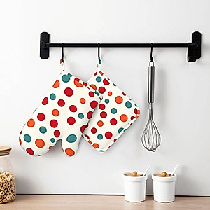 Polka Dot Printed Oven Mitts and Pot Holders Sets Heat Resistant Kitchen Oven Gloves Potholders Set Extra Long Non-Slip Silicone Gloves for Cooking Baking BBQ