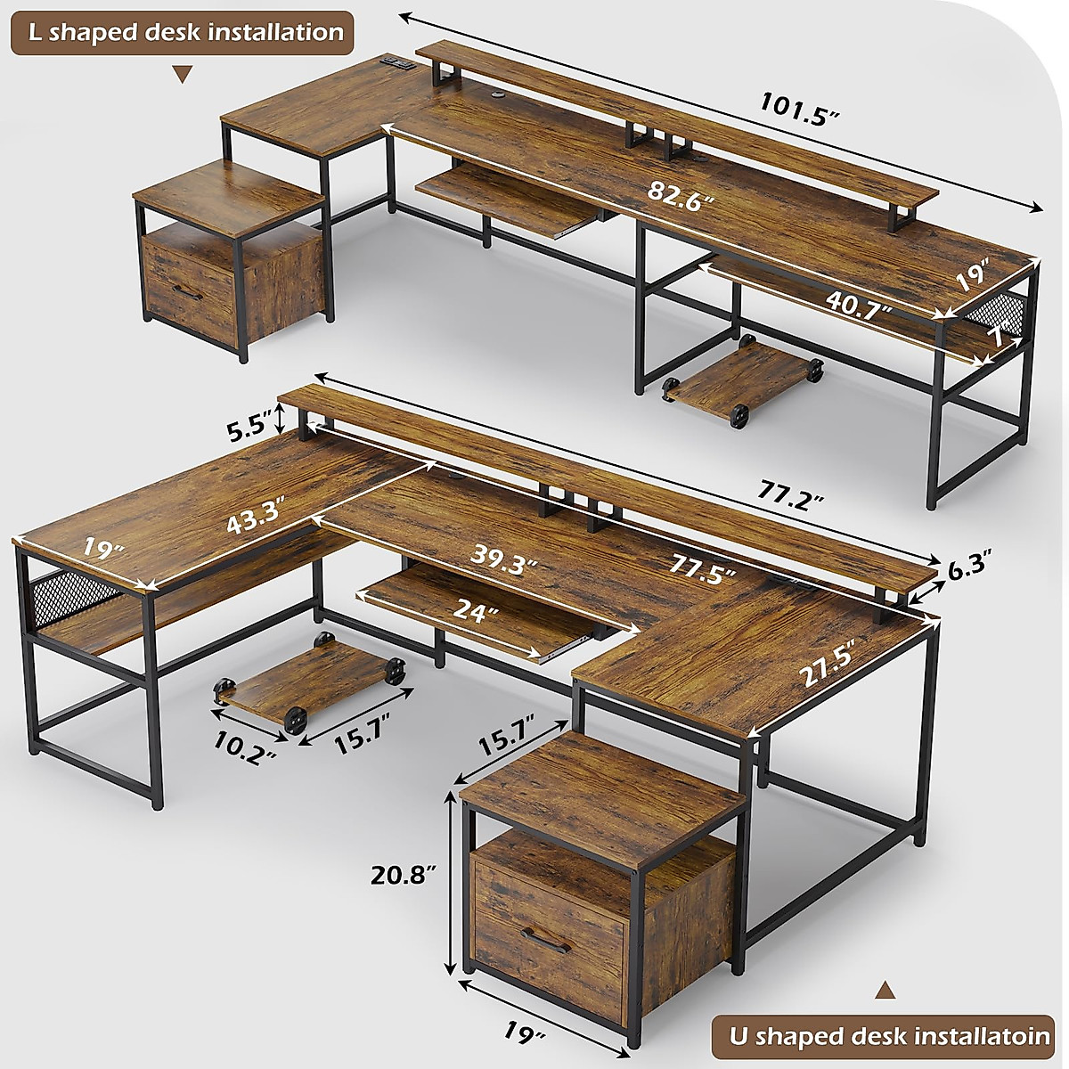 SEDETA U Shaped Desk, Reversible L Shaped Home Office Desk with File Drawer & Power Outlet, 101.5'' Computer Two Person Desk with Monitor Shelf, Keyboard Tray, Gaming Desk, Rustic Brown