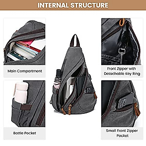 Sucipi Canvas Sling Bag for Women Sling Backpack Lightweight Crossbody Shoulder Bag for Men Small Backpack for Hiking Travel Cycling Walking USB Charger Port Dark Grey