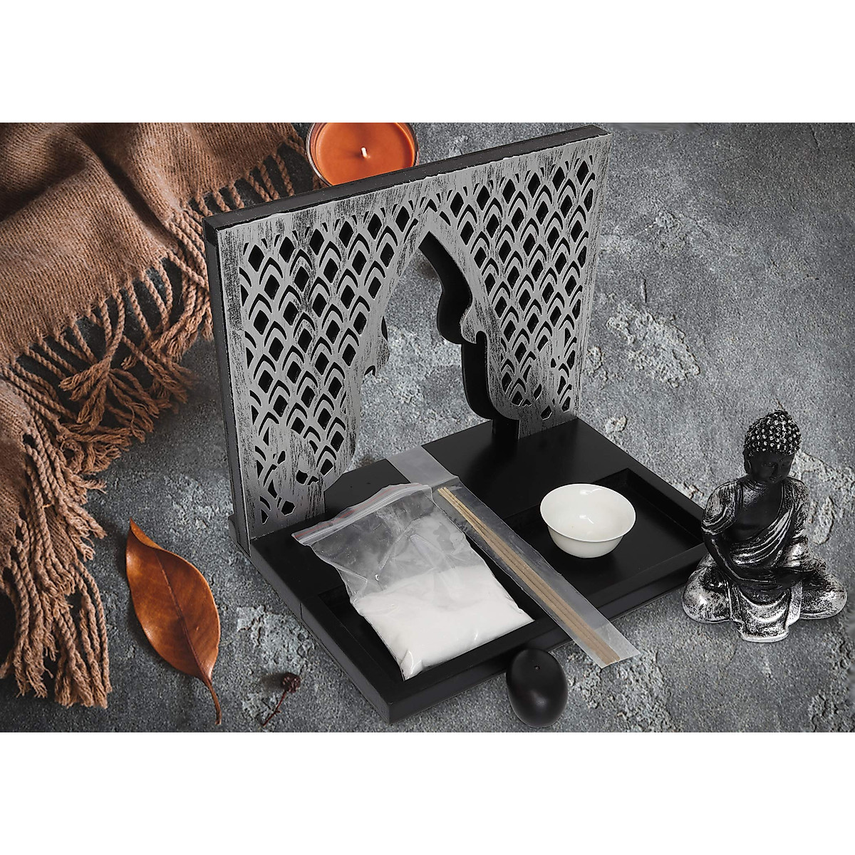 Basic Fundamentals Zen Garden Candle Holder Home Decor - Buddha Incense Stick Holder Office Desk Accessories - Zen Garden Sand Office Decor - Buddha Table Top - 8.75" x6.5”x 8.75”