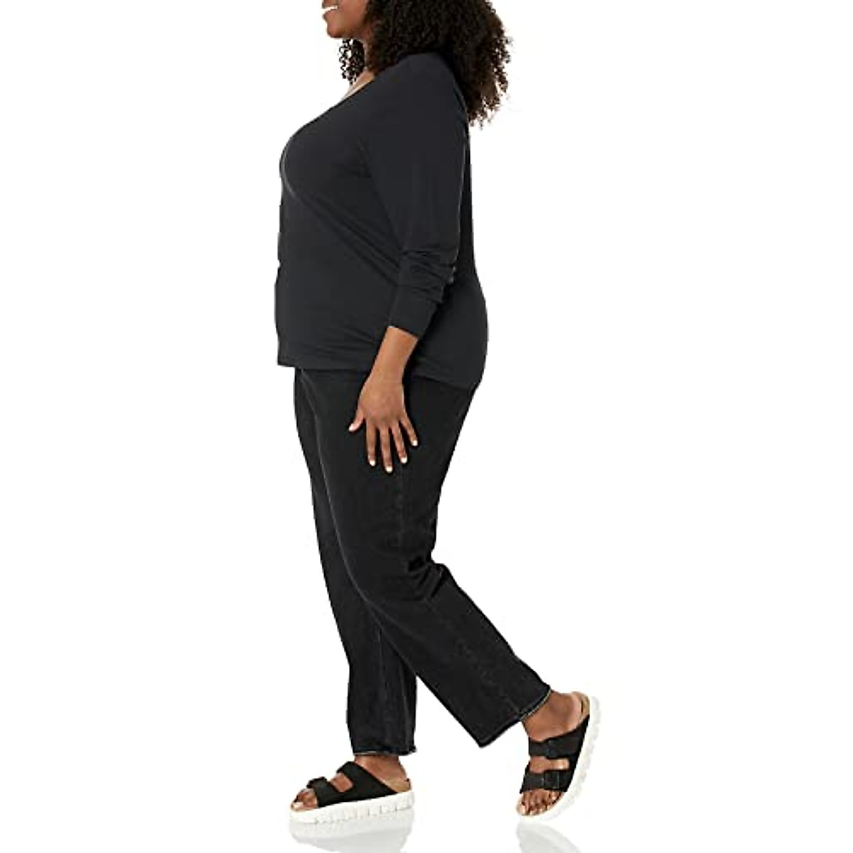 Amazon Essentials Women's Fitted Long Sleeve Shirt, Slim-Fit - Layering Knit Rib V-Neck (Plus Size Available), Pack of 2, Black, Large