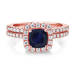 Gem Stone King 18K Rose Gold Plated Silver Cushion Blue Sapphire and Moissanite Women Wedding Engagement Ring Band Bridal Set (1.82 Cttw, Available in size 5, 6, 7, 8, 9)