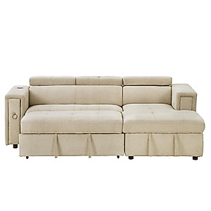 96" Multi-Functional Pull-Out Sofa Bed L-Shape Sectional Sofa with Adjustable Headrest, Wireless Charging, Cup Holders and Hidden Storage for Living Room, Bedroom, Office, Beige