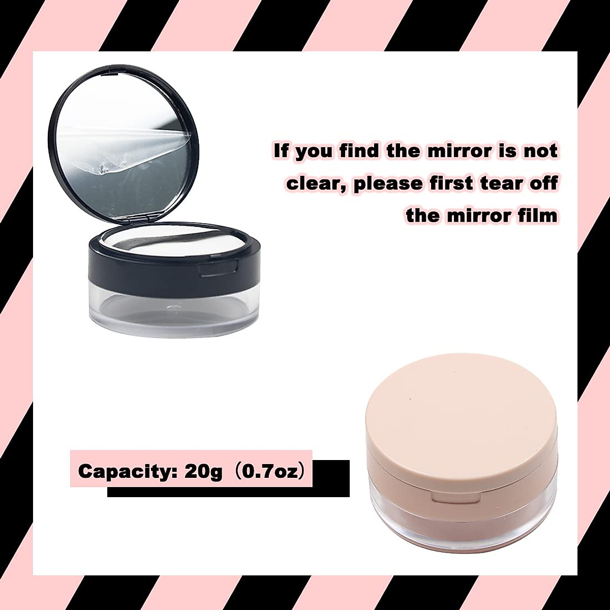 ELANE 2 Pcs Empty Powder Container with Puff,Loose Powder Compact with Mirror And Puff Empty Powder Compact,Makeup Powder Container (pink,black)