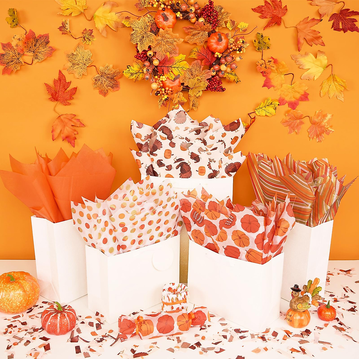 Paper FAIE 100 Sheets Thanksgiving Fall Gift Tissue Paper Bulk, Pumpkin Turkey Polkadots, Gold Orange Gift Wrapping Paper for Gift Bags Box, Flower, Autumn Harvest Decoration Gift Packaging, 20x14''