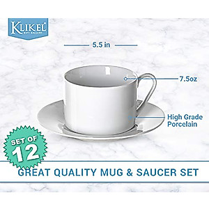 Klikel Tea Cups And Saucers Set - 6 Piece White Coffee Mug Set - 6 Inch Plates And 8.5oz Mugs - Cappuccino Cup And Saucer Set For Latte Café Mocha Espresso Bar