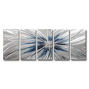 RICHSPACE ARTS Contemporary Metal Wall Art Blue and Silver Modern Sculpture Decor for Living Room 3d Flower Aluminum Artwork for Home and Office