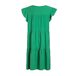 FWFLYAWAY Summer Dresses for Women 2023,Plus Size Casual Cute Babydoll Maxi Short Sleeve V-Neck A-Line Tiered Ruffle Pleated Flowy Boho Beach Mini Sundress Resort wear(E-Green,XL)