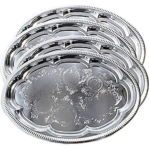 Maro Megastore (Pack of 4) 15.7 inch x 11.4 inch traditional oval flower pattern carving dining chrome plated dinner plate mirror plate plate plate metal tableware party Medium T225M-4PK