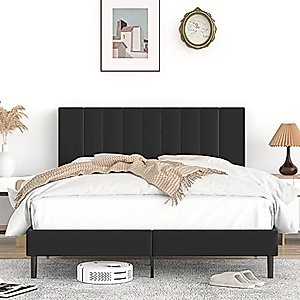 Flolinda Full Bed Frame with Velvet Upholstered Headboard, Wooden Sprung Slat Support Extend Mattress Life, Modern Platform Bed Frame No Box Spring Needed, Easy Assembly, Black