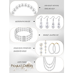 BBTO 8 Pcs Pearl Necklace and Earrings Set for Women Pearl Jewelry Set Faux Pearl Necklace Earrings Simulated Pearl Bracelets (Elegant Style)