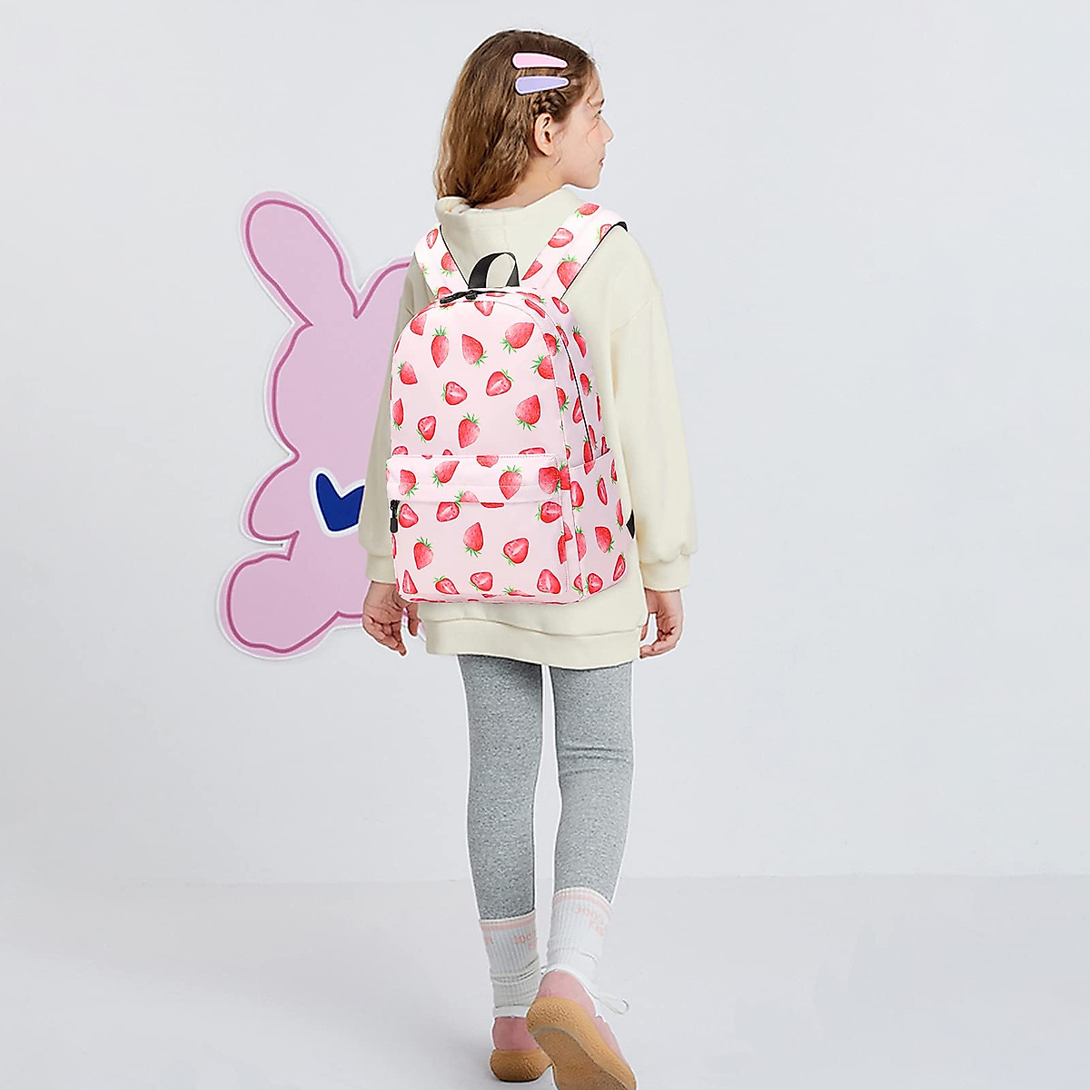 MIRLEWAIY 15.7 inch Large Capacity Travel Laptop Backpack Lightweight Primary Junior SchoolBag School Book Bag for Teen Girls, Pink Strawberry