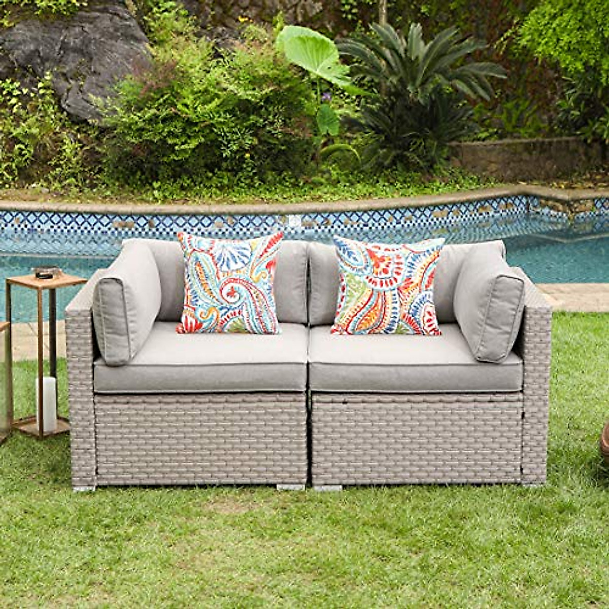 COSIEST 2-Piece Outdoor Furniture Loveseat Wicker Sectional Sofa Set w Warm Gray Thick Cushions, 2 Floral Fantasy Pillows for Garden, Pool, Backyard