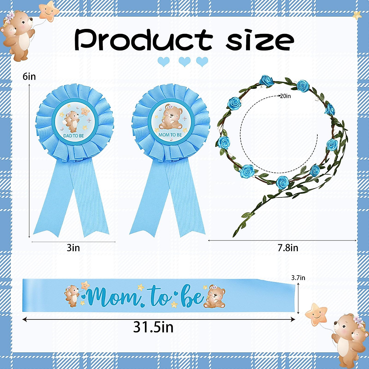 4pcs Bear Theme Mom to Be Sash baby shower Dad to Be Pin and blue Flower Crown for Gender Reveal Party Baby Shower Decorations for boys Pregnancy Props Keepsake Gifts