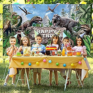 Dinosaur Theme Backdrop Banner Polyester Dinosaur Happy Birthday Photo Background Tropical Jungle Birthday Party Backdrop Decor for Kid Dinosaur Theme Birthday Party Photo Prop Decor, 72.8 x 43.3 Inch