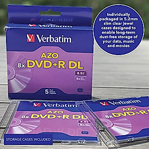Verbatim DVD+R DL 8.5GB 8X AZO with Branded Surface - 5pk Jewel Case Box - 95311, Silver