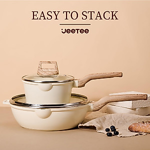 JEETEE 18 Pcs Pots and Pans Set, Pot Sets for Cooking Nonstick, Healthy kitchen Cookware Sets, PFAS and PFOA Free (Beige)