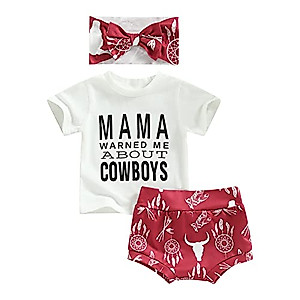 Western Baby Girl Clothes Letter Print Short Sleeve Top Shirt Cow Shorts with Headband 3PCS Summer Outfits (White B, 0-3 Months)