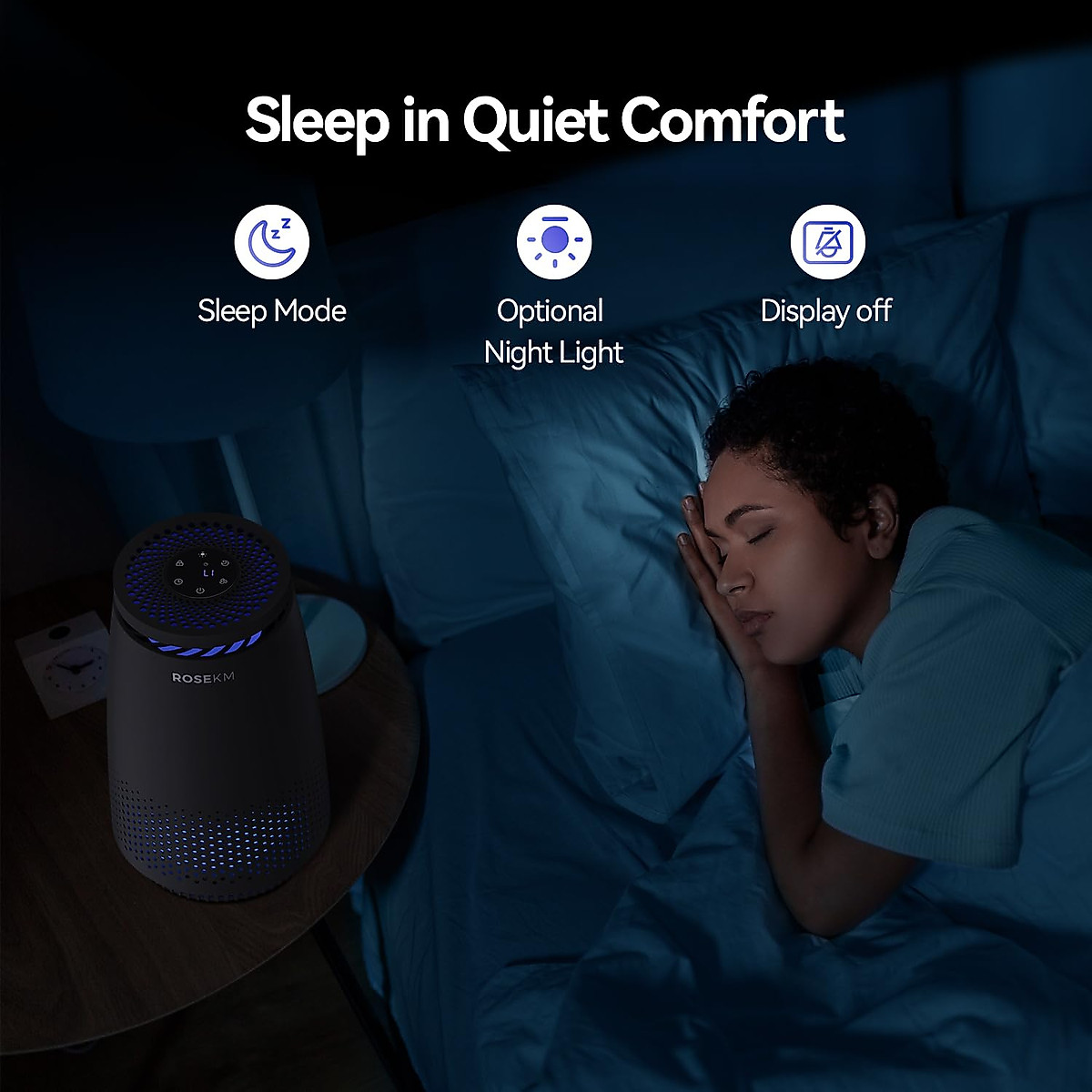 ROSEKM Air Purifiers for Home Bedroom, Air Cleaner with 3-In-1 HEPA Filter for Dust Smoke Pet Dander Odor with Sleep Mode, Aromatherapy, Timer, Portable (Black)