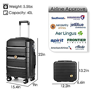 Somago 2 Piece Luggage Set Carry On Suitcase 20 INCH Lightweight Hard Shell PP Suitcase with TSA Lock Spinner Wheel 22x14x9 Airline Approved (Classic Black)