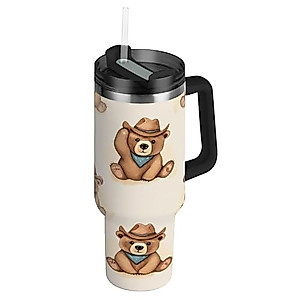 Flradish 40oz Tumbler with Handle, Funny Cowboy Bear Stainless Steel Tumbler with Lid and Straws Double Wall Vacuum Insulated Leakproof Coffee Travel Mug